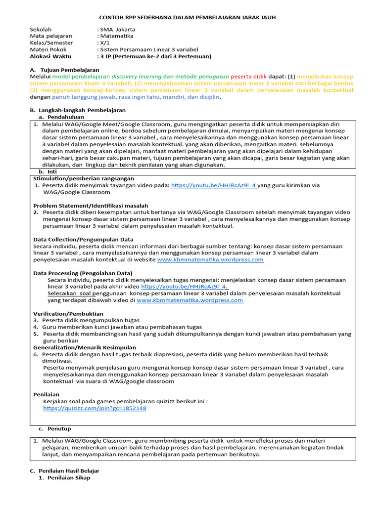 Contoh RPP Sederhana Dalam PJJ Matematika Ok | PDF | Metode & Bahan ...