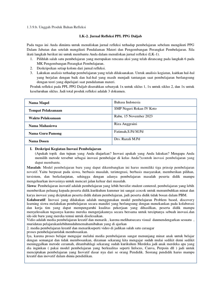 Produk - Bahan - Refleksi (1) SIKLUS 2 SIAP | PDF