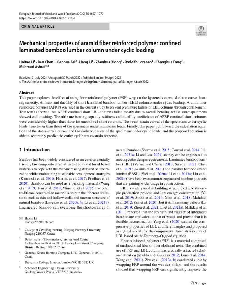 Mechanical Properties of Aramid Fiber Reinforced Polymer Confined Laminated Bamboo Lumber Column ...