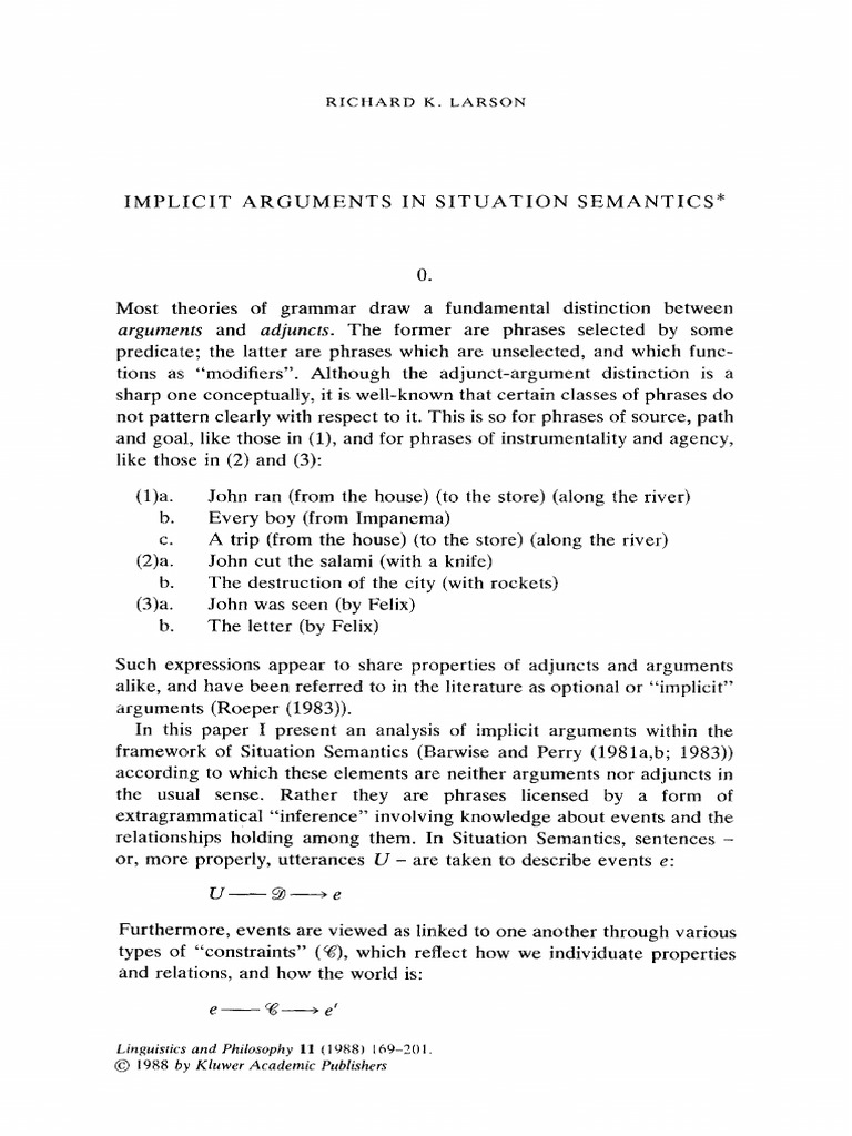 Larson.1988 Implicit Arguments in Situation Semantics | PDF | Predicate (Grammar) | Clause