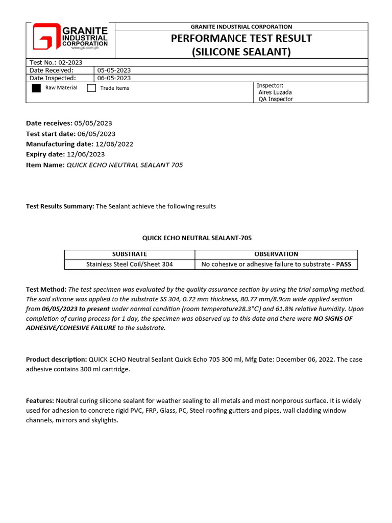 Silicone Sealant Test Result | PDF | Silicone | Adhesive
