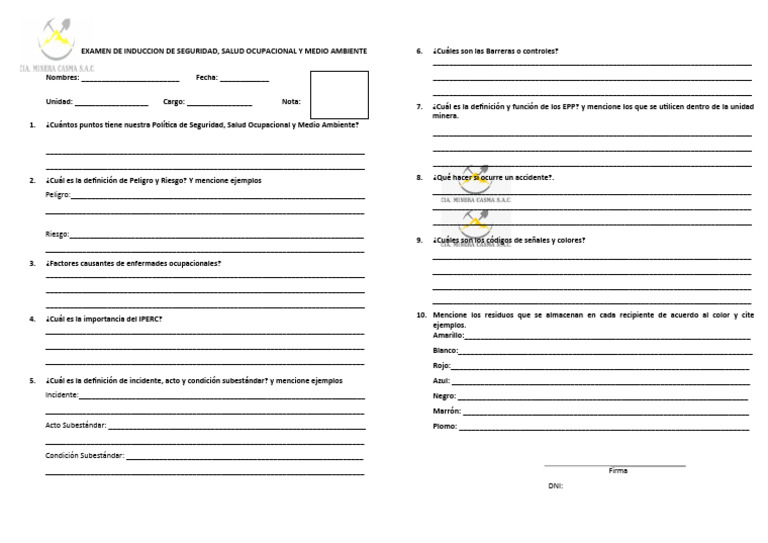 Examen de Induccion SSOMA | PDF Examen de Induccion SSOMA | PDF