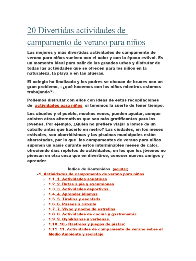 20 Divertidas Actividades de Campamento de Verano para Niños | PDF ...
