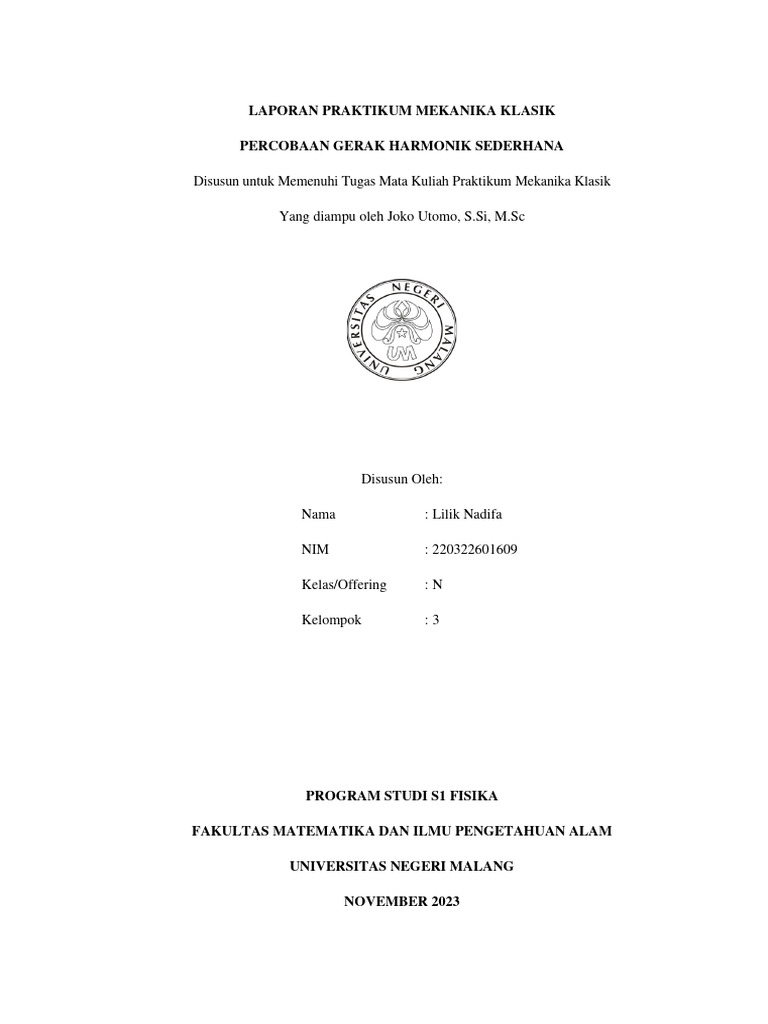 LAPORAN PRAKTIKUM - Gerak Harmonis Sederhana - LILIK NADIFA | PDF