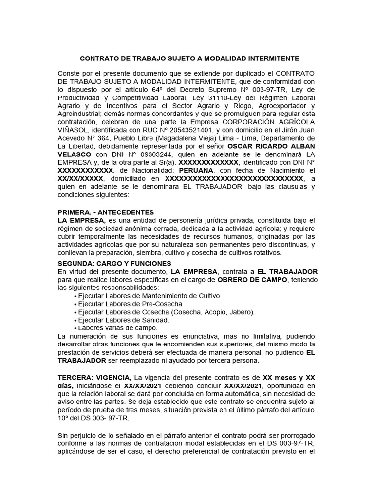 Modelo de Contrato Intermitente LEY 31110 | PDF | Derecho laboral | Tiempo de trabajo
