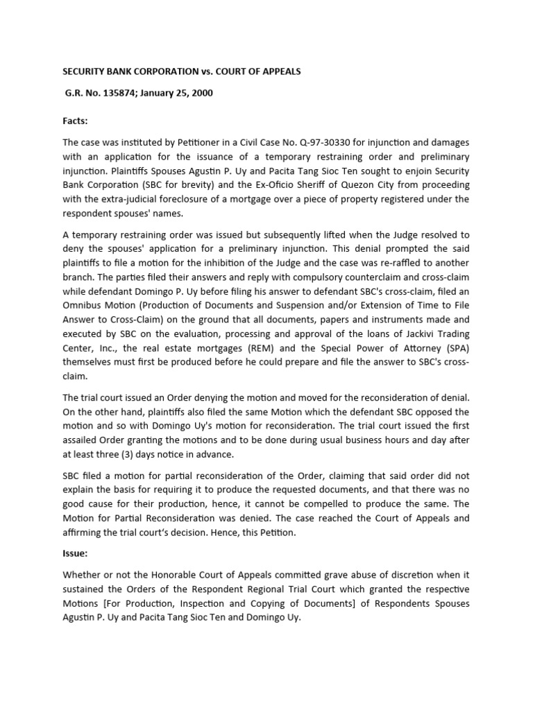 SECURITY BANK CORPORATION Vs CA | PDF | Lawsuit | Injunction