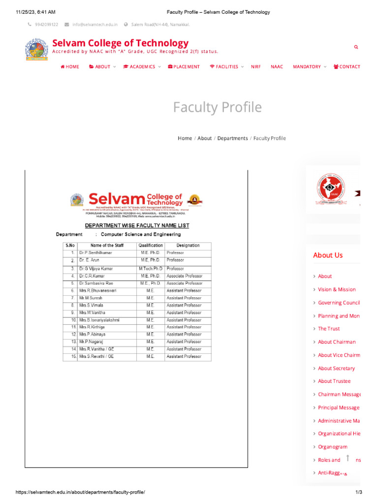 Faculty Profile - Selvam College of Technology | PDF