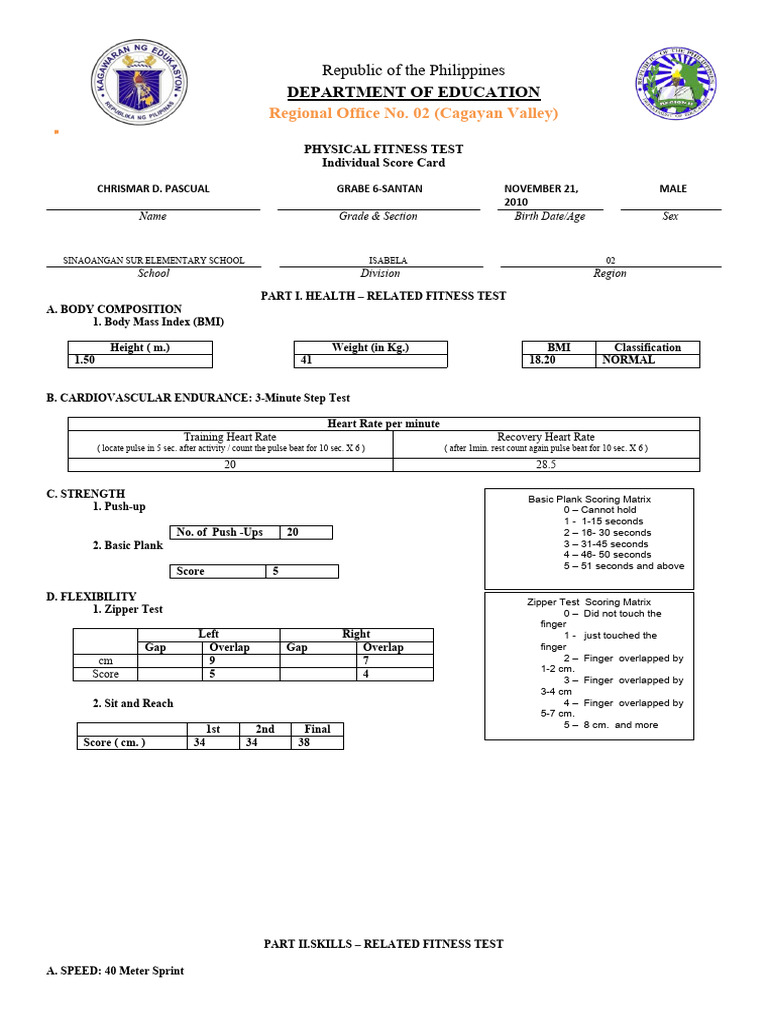 Physical Fitness Test Individual Score Card | PDF | Body Mass Index ...