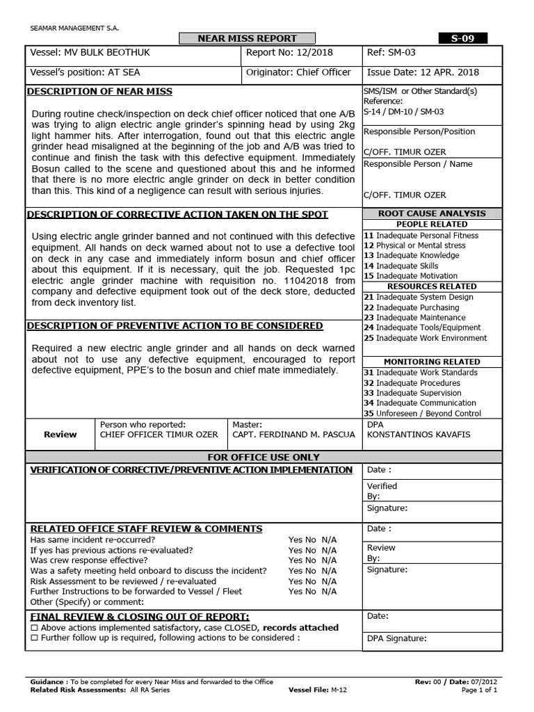 Near Miss Report: MV Bulk Beothuk Incident | PDF | Safety