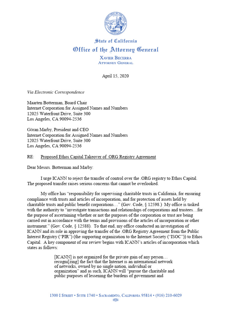 AG Becerra Letter To ICANN | PDF | Computers