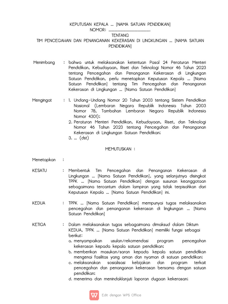 Contoh SK Kepala Satuan Pendidikan Pembentukan TPPK | PDF