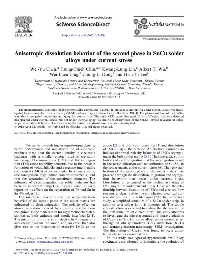 Anisotropic Dissolution Behavior of The Second Phase in SnCu Solder ...