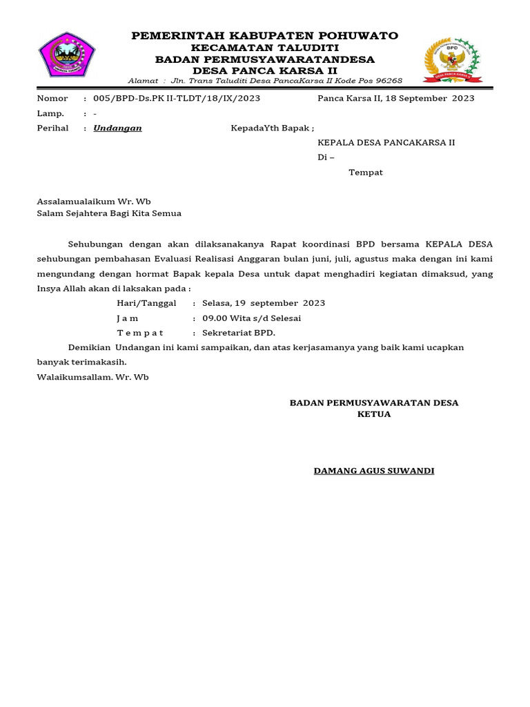 Undangan Rapat Koordinasi BPD | PDF
