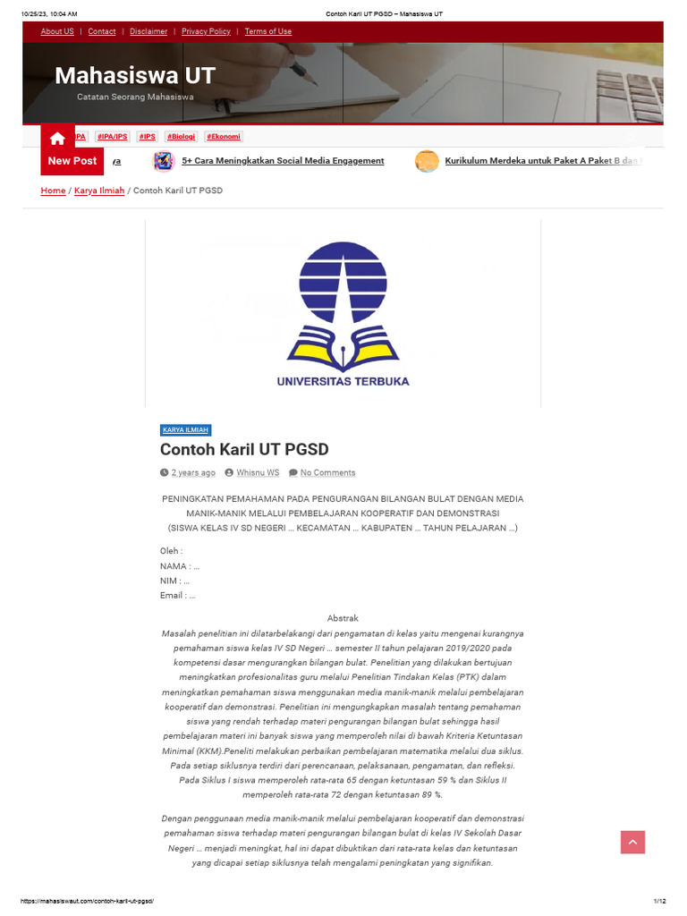Contoh Karil UT PGSD - Mahasiswa UT | PDF