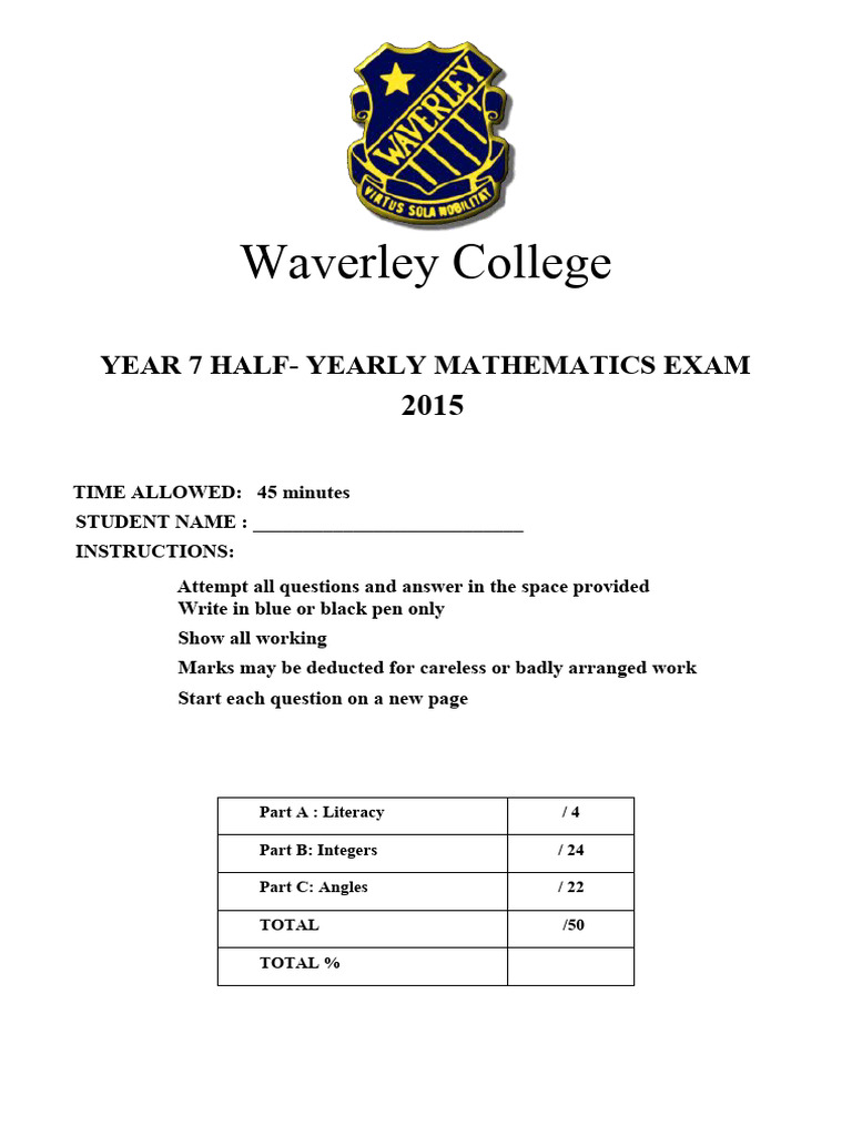 Waverley College Year 7 Half Yearly Mathematics Exam 2015 - Past Paper ... Waverley College Year 7 Half Yearly Mathematics Exam 2015 - Past Paper ...