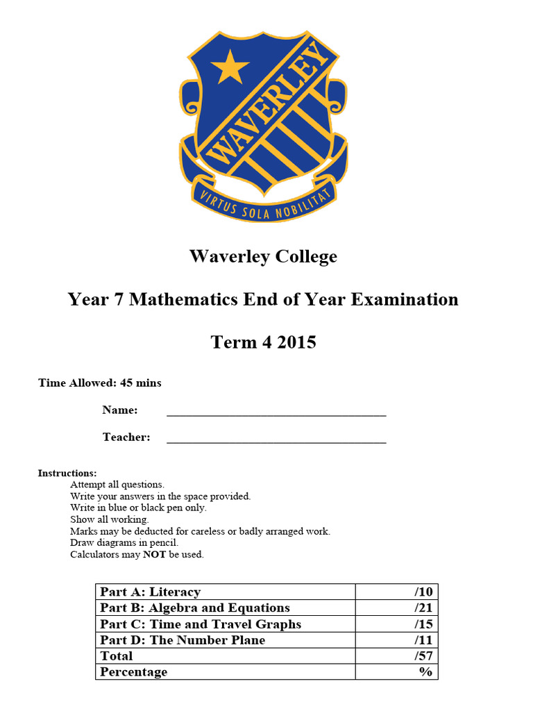 Waverley College Year 7 Mathematics End of Year Examination - Past ... Waverley College Year 7 Mathematics End of Year Examination - Past ...