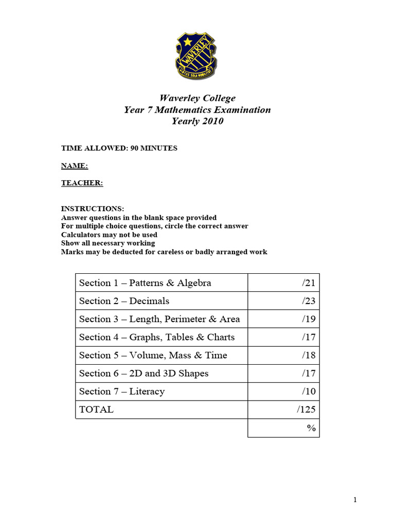 Waverley College Year 7 Mathematics Examination Paper - 2010 | PDF ... Waverley College Year 7 Mathematics Examination Paper - 2010 | PDF ...