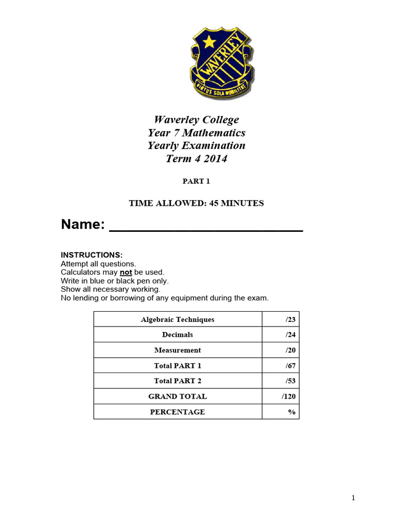 Waverley College Year 7 Mathematics Yearly Examination Term 4 - 2014 ... Waverley College Year 7 Mathematics Yearly Examination Term 4 - 2014 ...