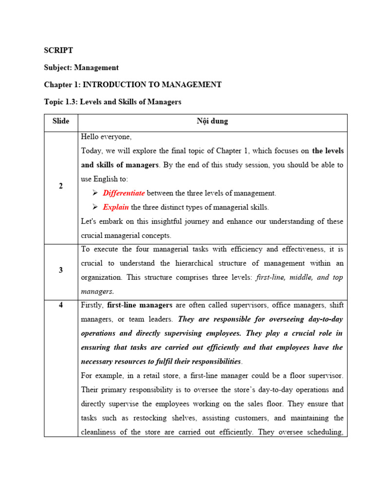 Topic 3 - Levels and Skills of Managers - Script | PDF | Chief Executive Officer | Leadership