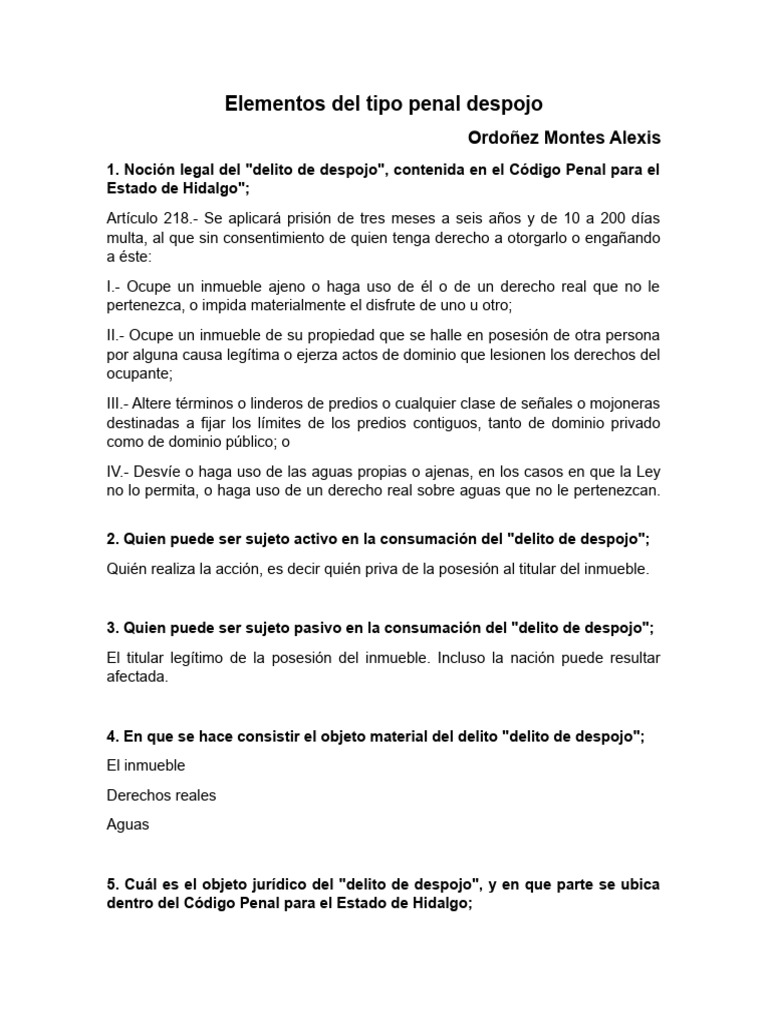 Elementos Del Tipo Penal Despojo | PDF | Intención (Derecho Penal ...