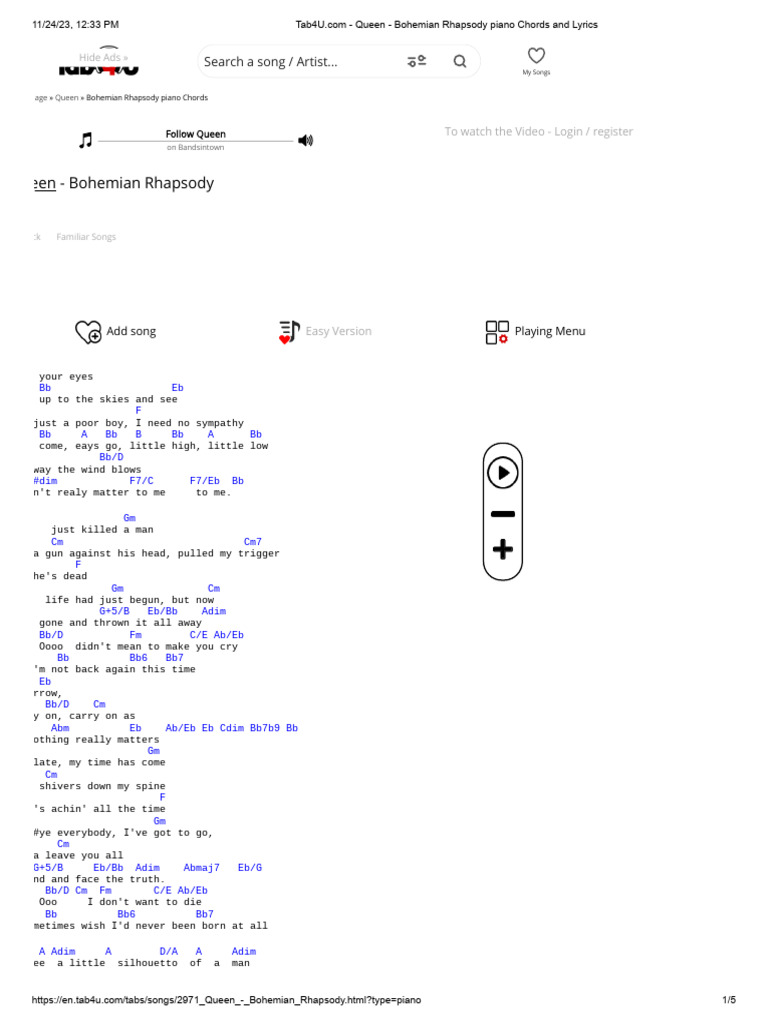 Queen - Bohemian Rhapsody Piano Chords and Lyrics | PDF | Performing Arts