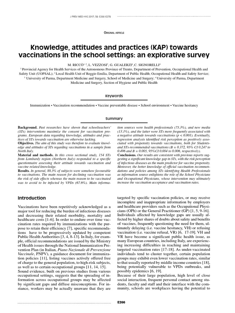 Knowledge, Attitudes and Practices (KAP) Towards Vaccinations in The School Settings: An ...