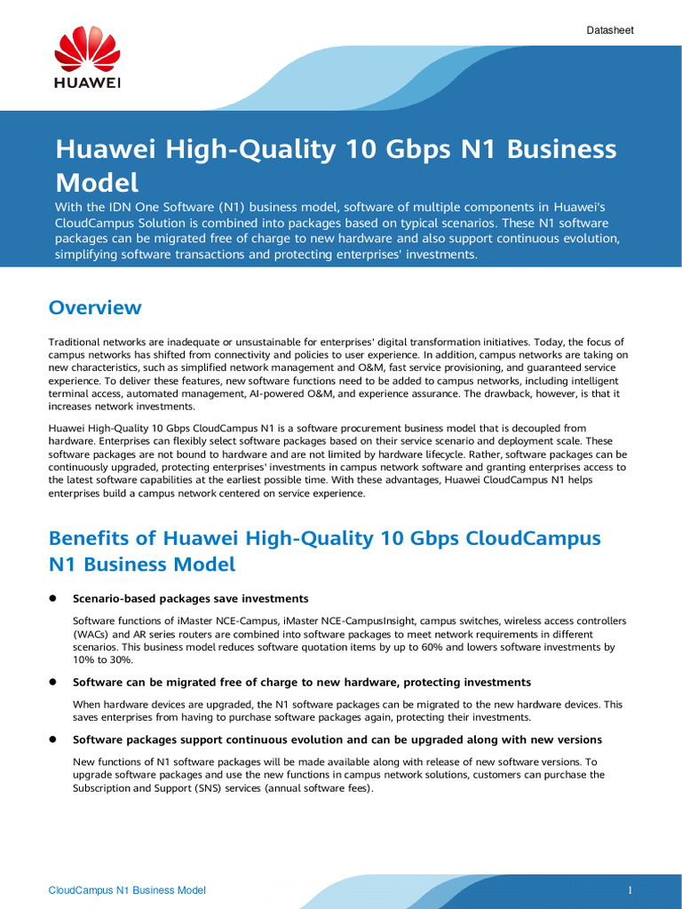Huawei High-Quality 10 Gbps CloudCampus N1 Business Model Datasheet | PDF | Computer Network ...