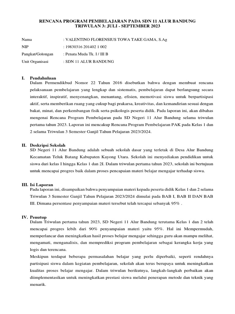 Laporan Kegiatan Rencana Pelaksanaan Pembelajaran Pak Kelas 1 Dan 2 TW 3 Semester Ganjil Tapel ...