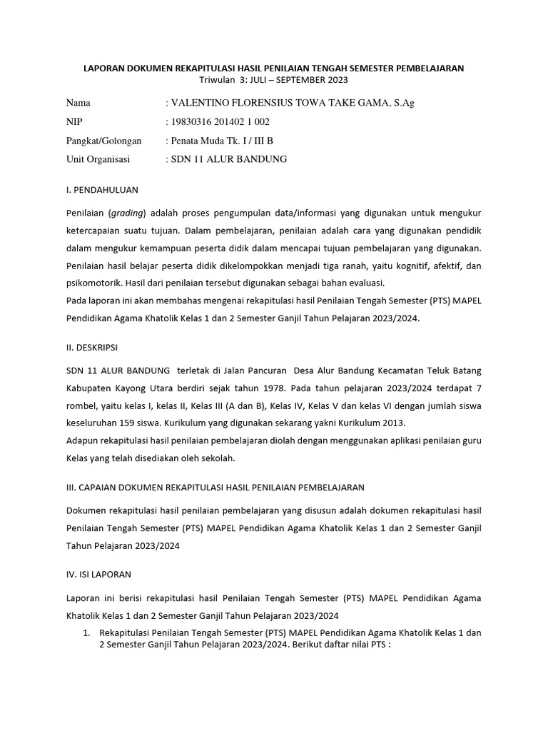 Laporan Rekap Penilaian Tengah Semester (PTS) Pak Ganjil Tapel 2023-2024 | PDF