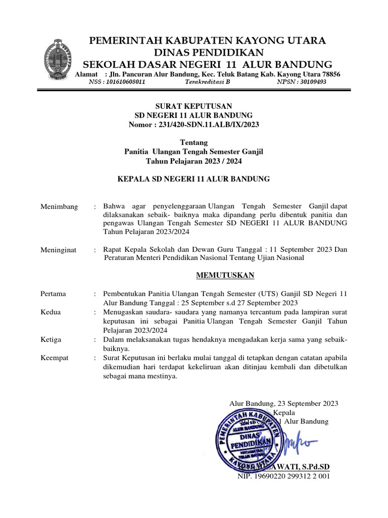 SK Panitia PTS Ganjil SDN 11 Alur Bandung Tapel 2023-2024 | PDF