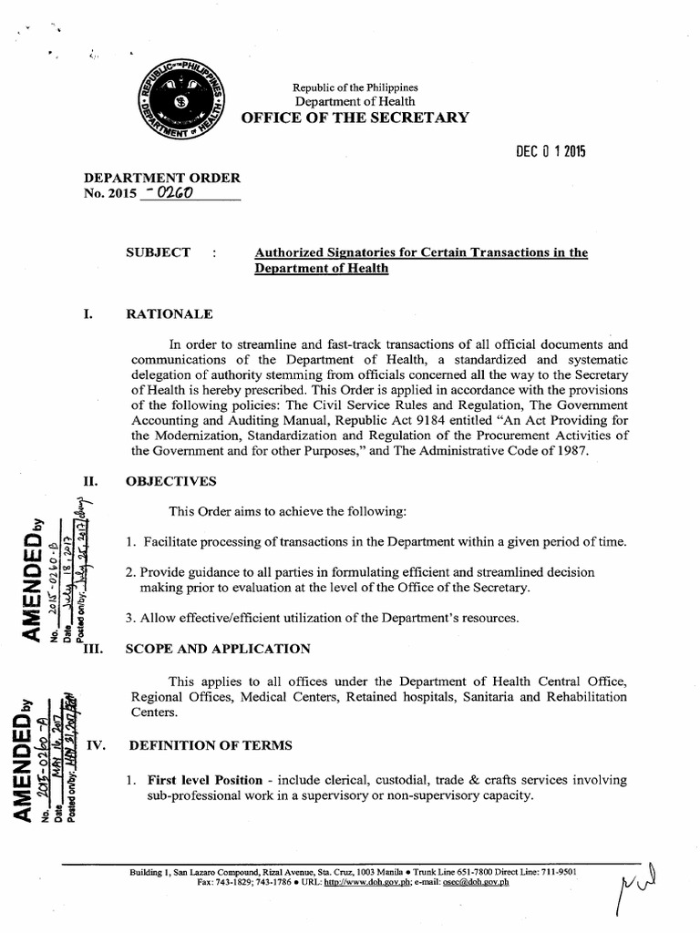DOH Authorized Signatories Order 2015 | PDF | Business | Government