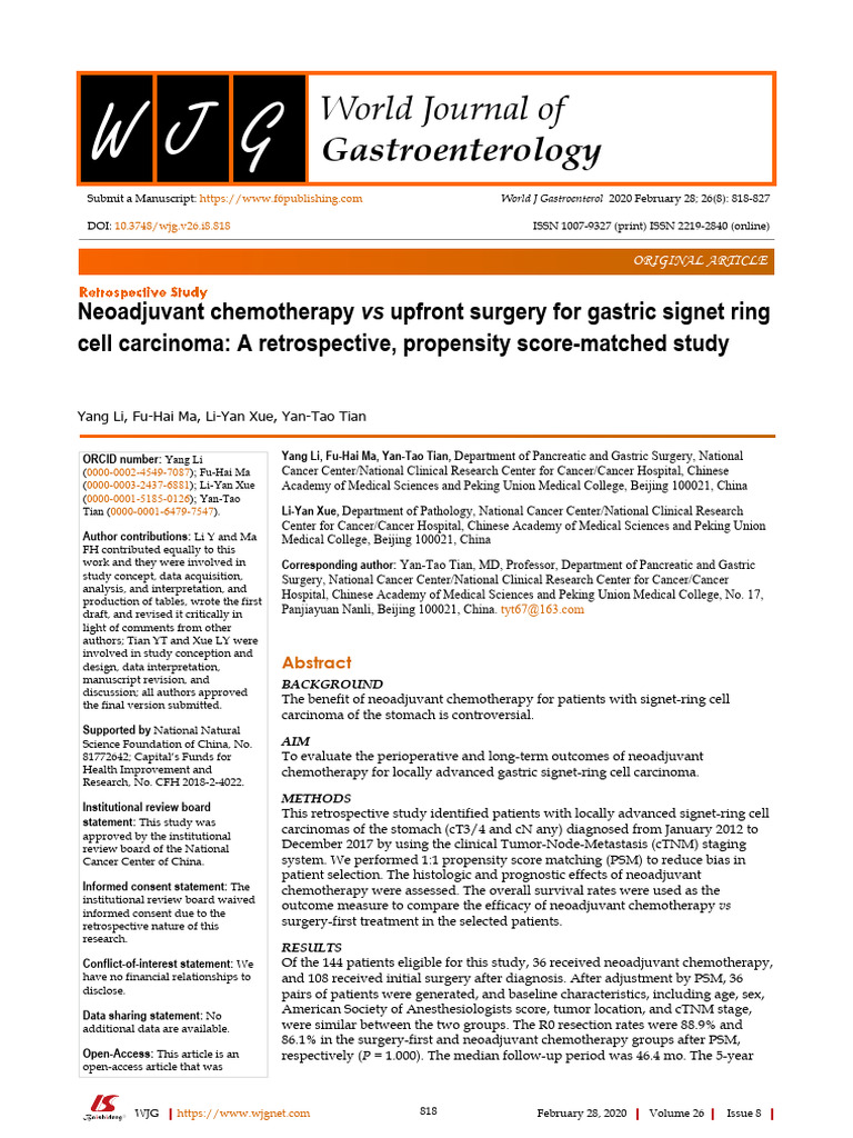 Neoadjuvant Chemotherapy Vs Upfront Surgery For Gastric Signet Ring ...