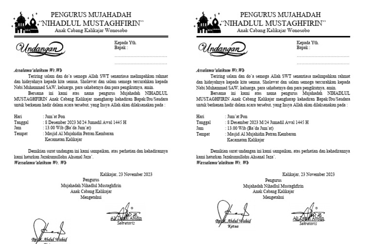 Undangan Pengurus Mujahadah Nihadlul Mustaghfirin Kalikajar | PDF