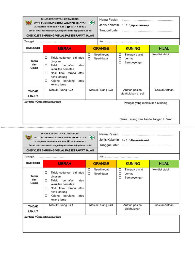 01 Form Skrining Visual Rawat Jalan (Merah, Orange, Kuning, Hijau) | PDF