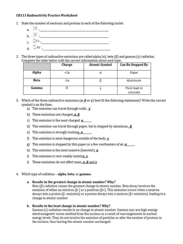 Radioactivity Practice Worksheet 2023 | PDF | Radioactive Decay | Gamma Ray