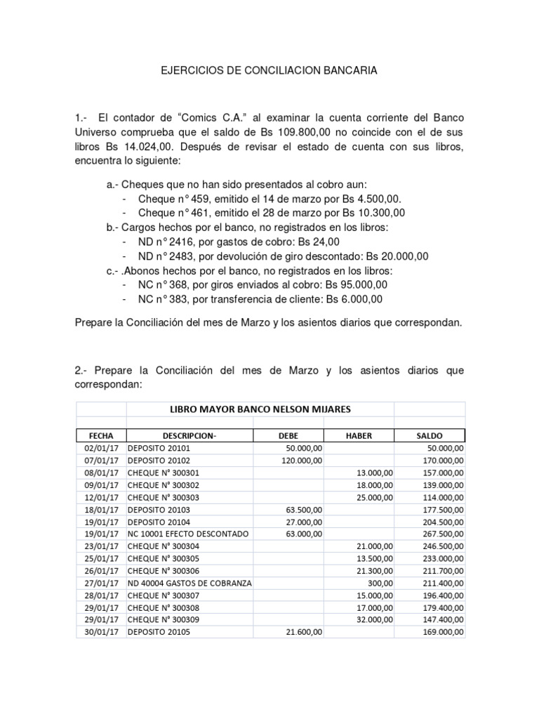 Ejercicios de Conciliacion Bancaria | PDF | Cheque | Bancos