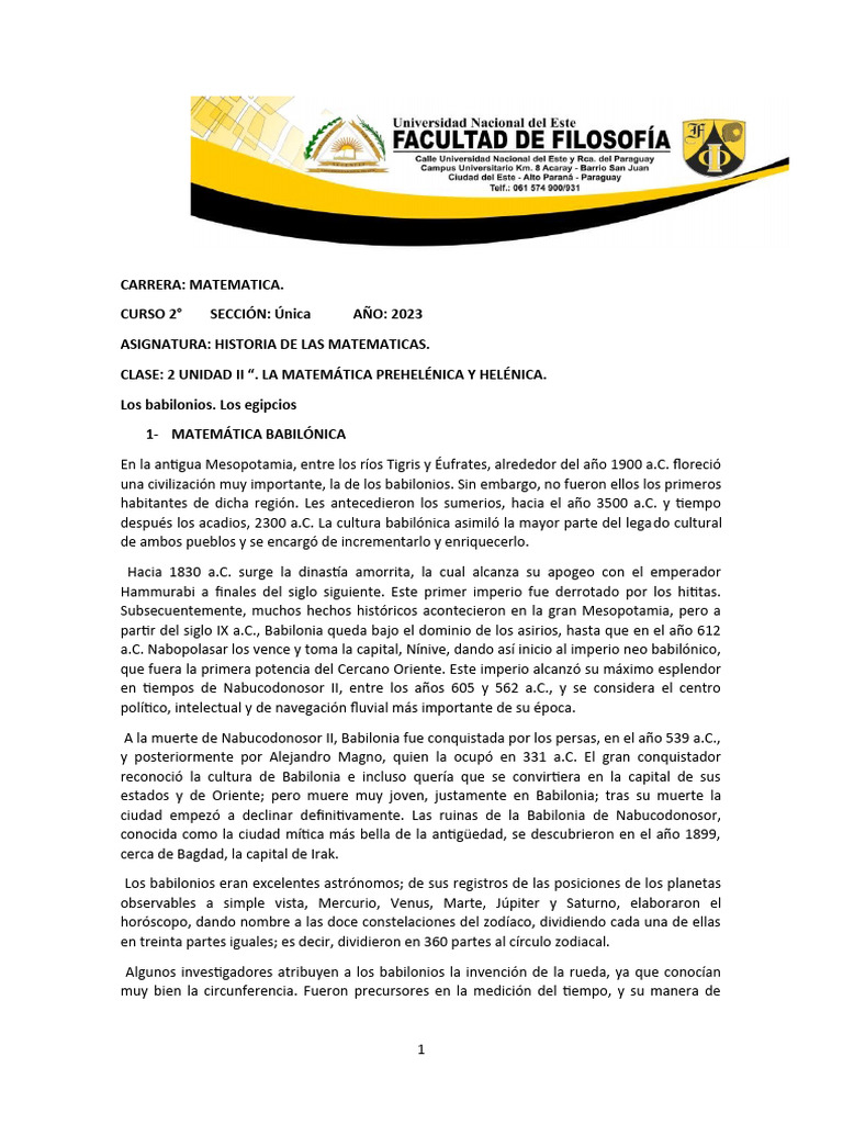 La Matematica Prehelenica y Helenca 2023 | PDF | Babilonia | Aritmética