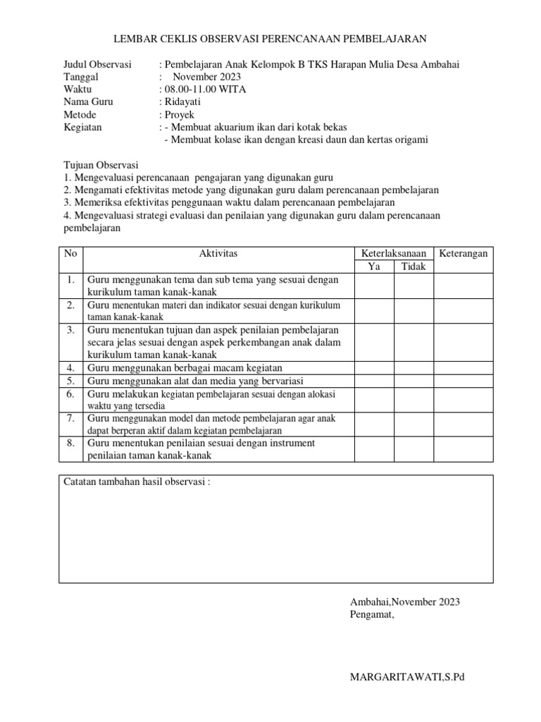 Siklus 2 - LEMBAR CEKLIS OBSERVASI PERENCANAAN PEMBELAJARAN | PDF