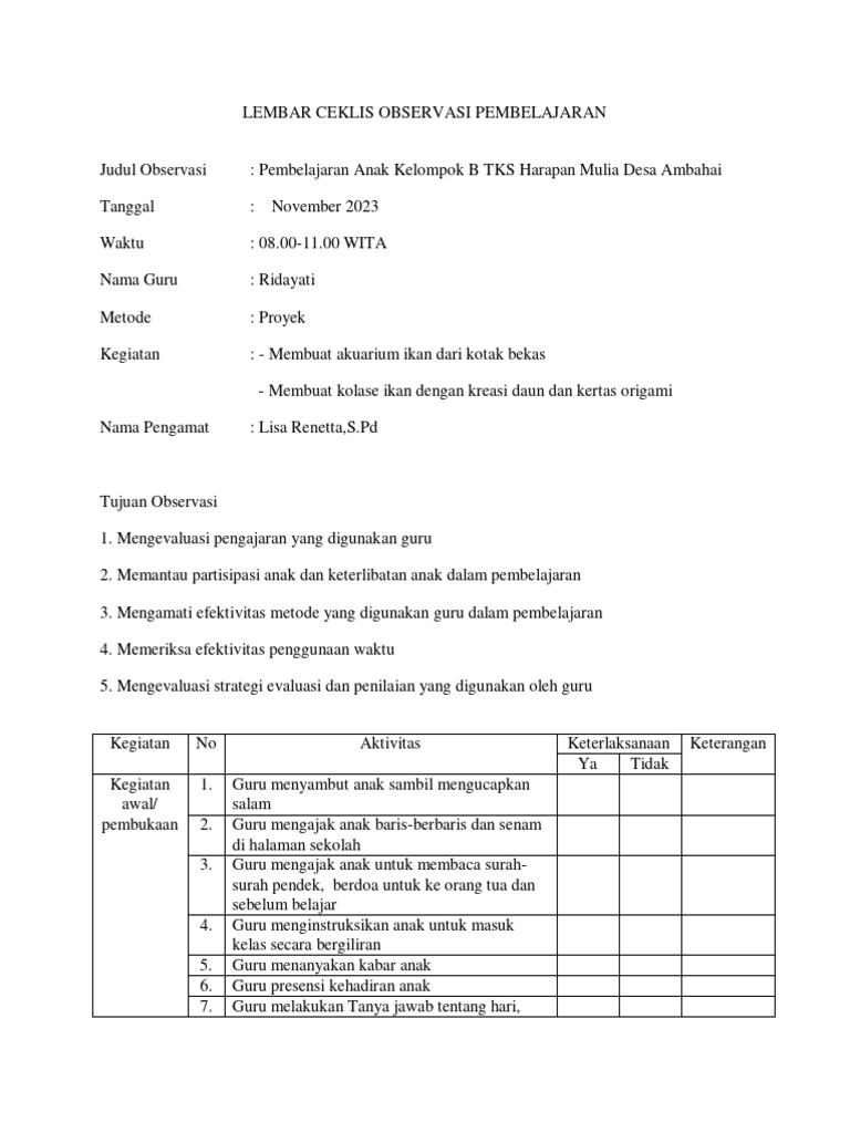Siklus 2 - Lembar Ceklis Observasi Pembelajaran | PDF