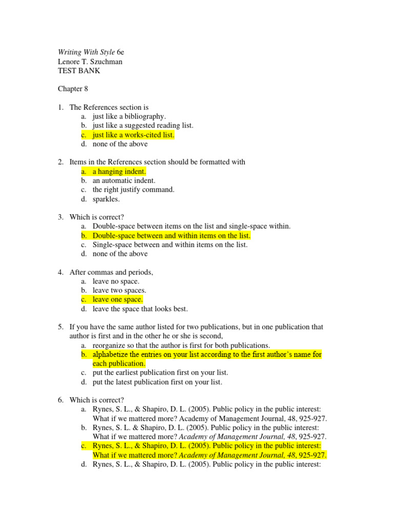 APA Style Test Bank Questions | PDF