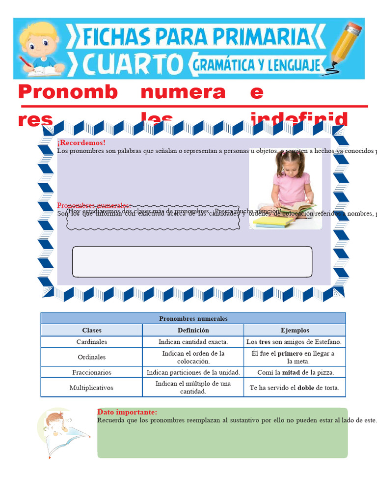 Los Pronombres Numerales e Indefinidos para Cuarto Grado de Primaria | PDF
