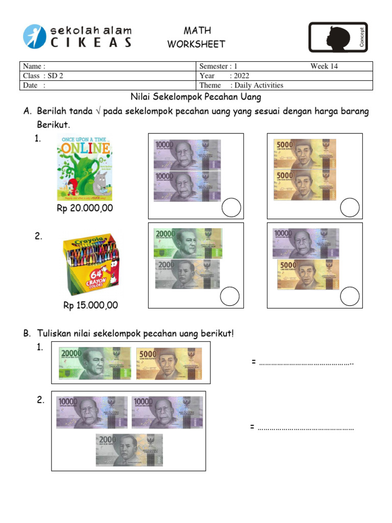 Worksheet Pecahan Uang Kelas 2 SD | PDF