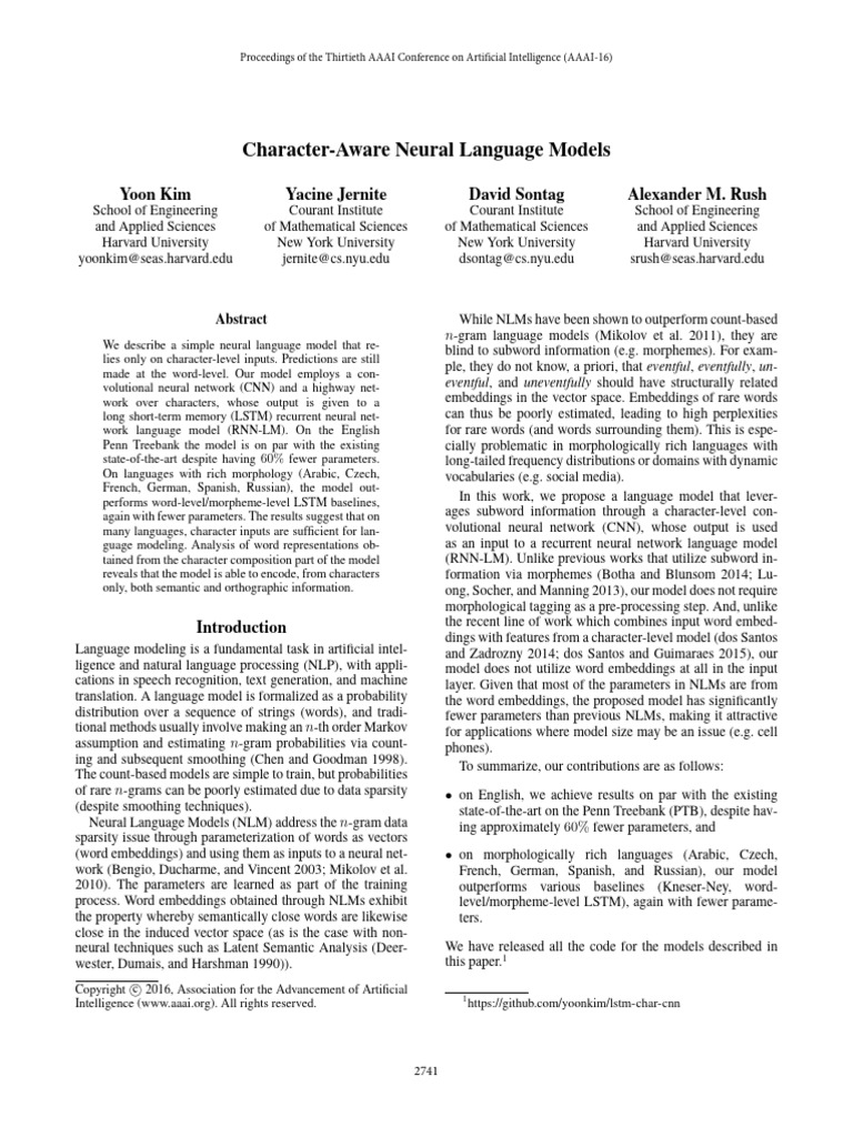Character-Aware Neural Language Models | PDF | Artificial Neural ... Character-Aware Neural Language Models | PDF | Artificial Neural ...