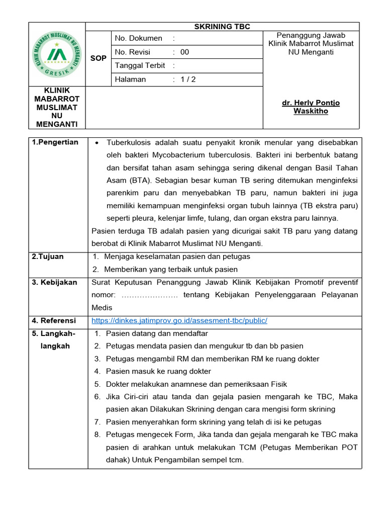 SOP Skrining TBC di Klinik Mabarrot | PDF | Pengembangan Diri