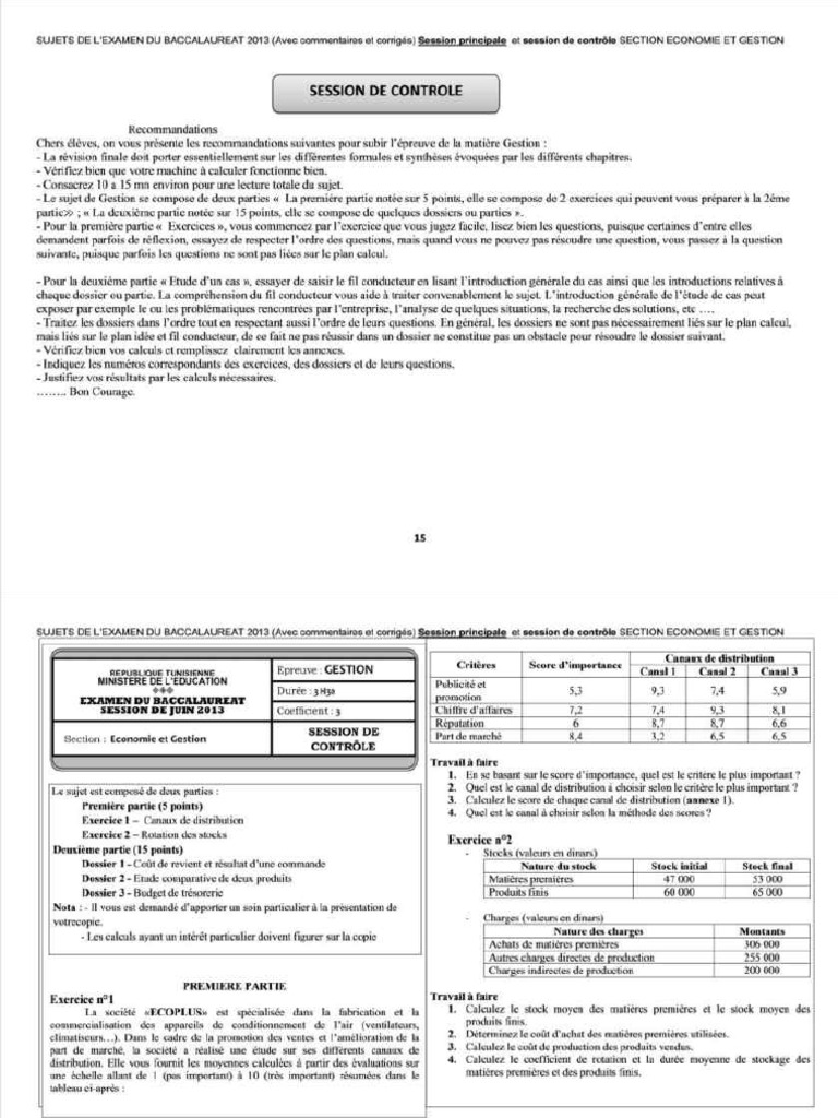 Bac 2013 Bac Eco Epreuve Gestion Session Controle Correction PDF | PDF
