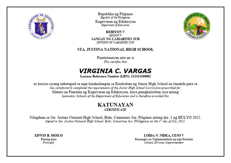 Completion Cert. Template Male | PDF