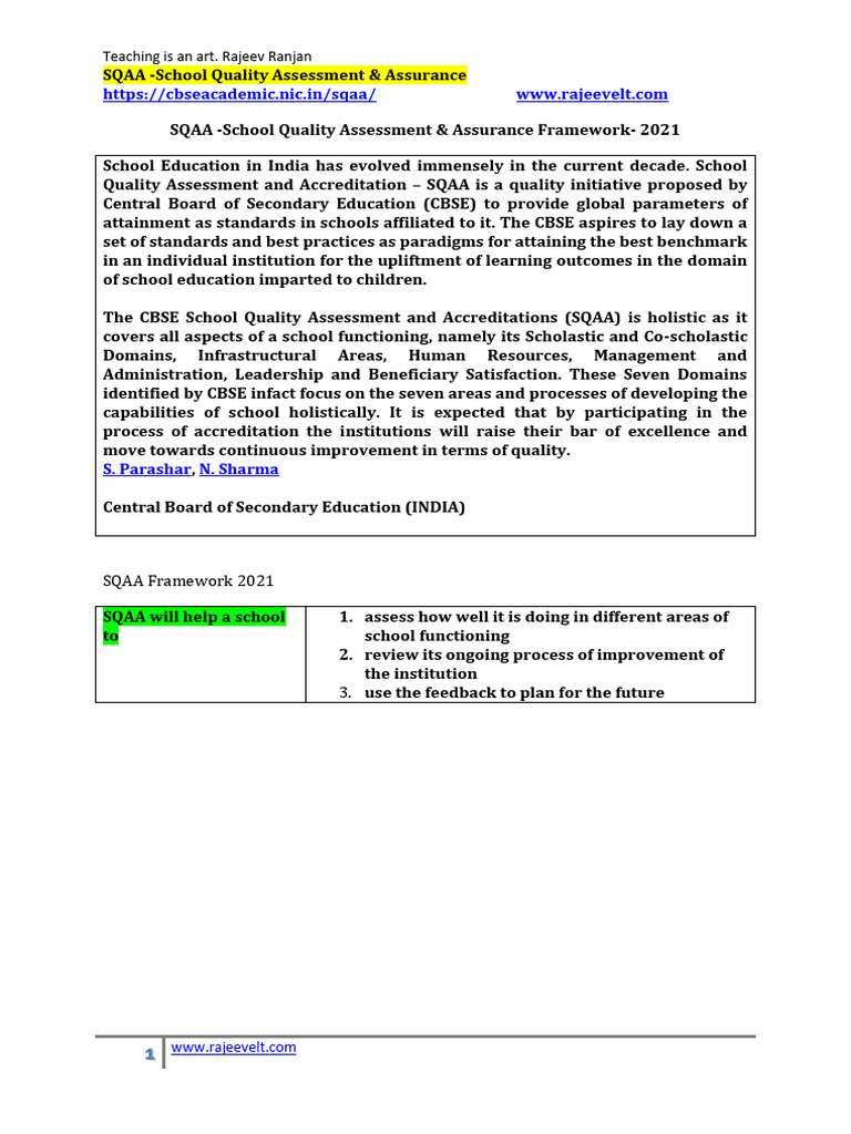 SQAA School Quality Assessment Assurance Framework 2021 | PDF | Quality ...