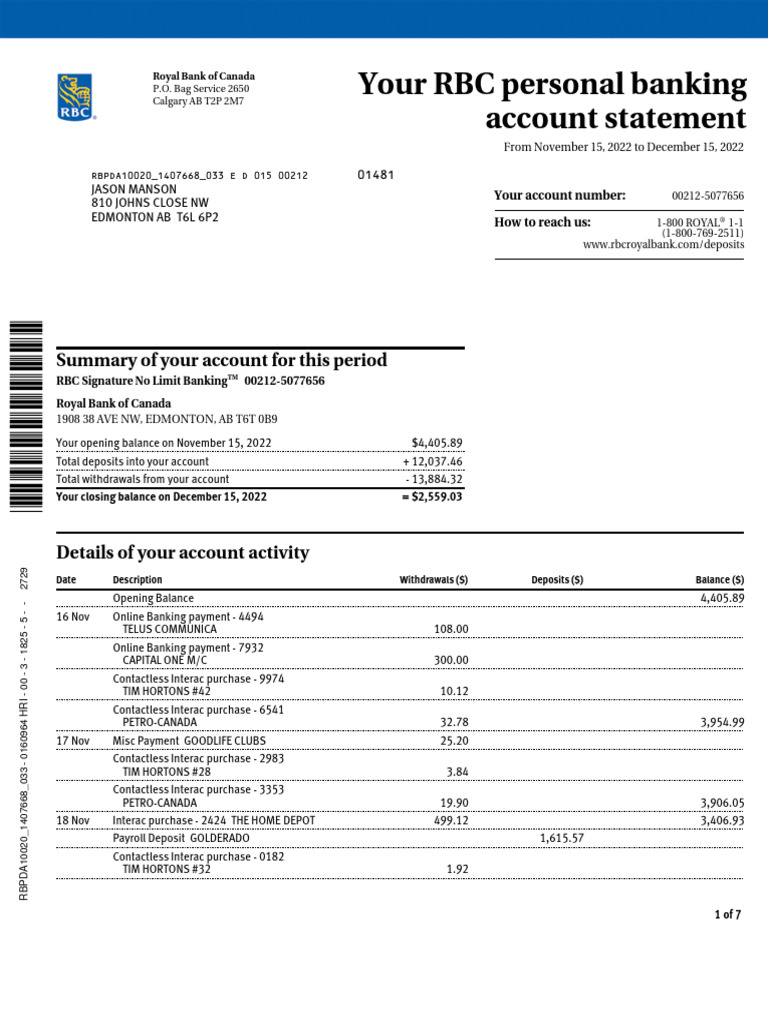 Your RBC Personal Banking Account Statement | PDF | Debit Card | Cheque