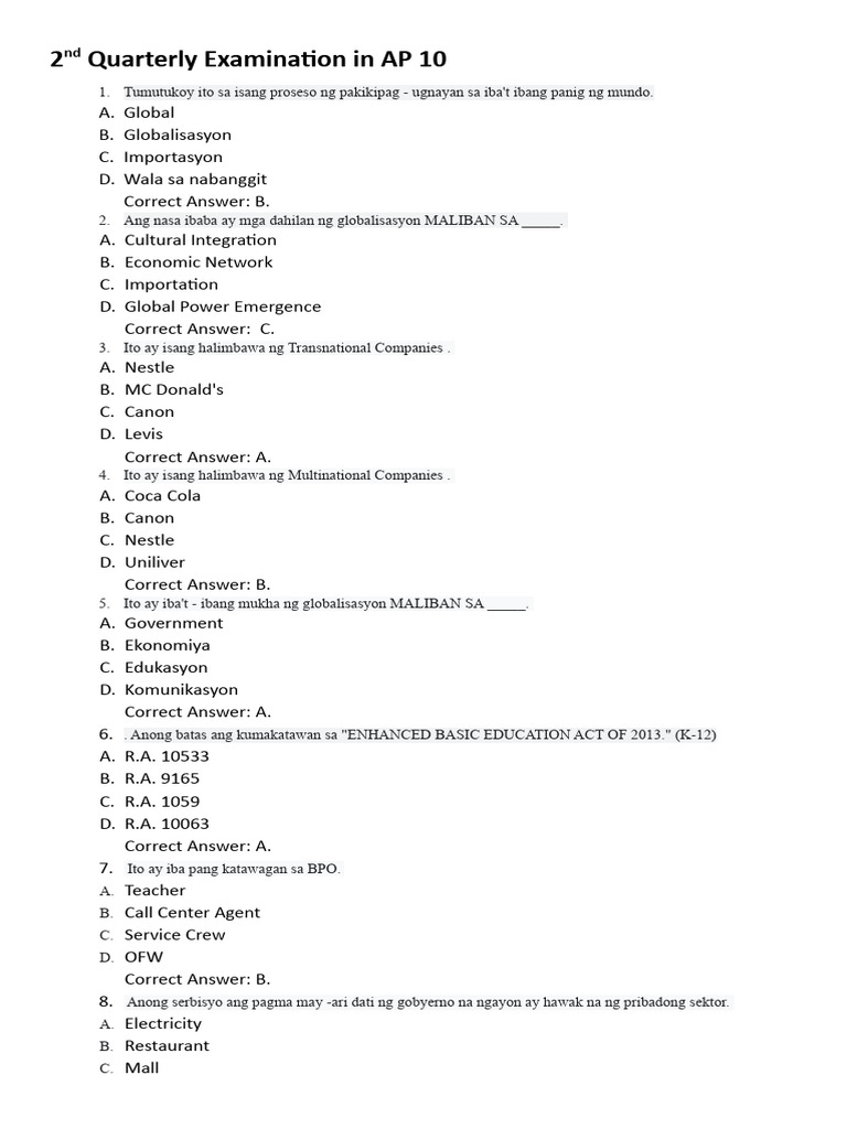 2nd Quarterly Examination in AP 10.... | PDF