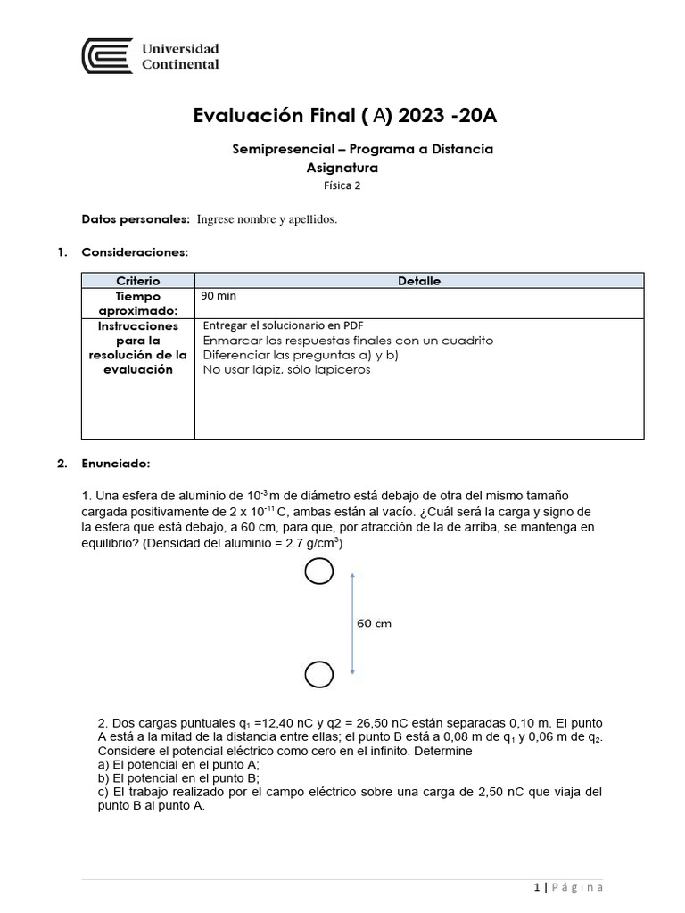 Examen Final - Fisica 2 - 2023-20A | PDF
